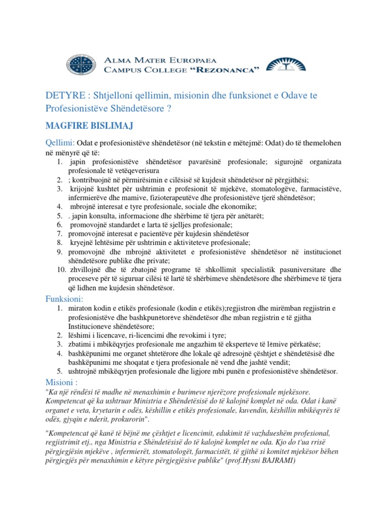 DETYRE: Shtjelloni Qellimin, Misionin Dhe Funksionet e Odave Te ...
