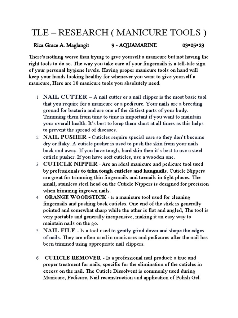 Tle Manicure Tools | PDF | Nail (Anatomy) | Integumentary System