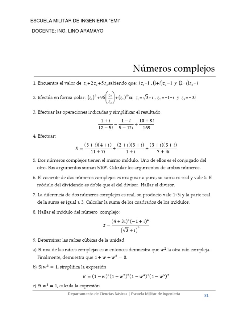Problemas de Números Complejos | PDF | Raíz cuadrada | Número complejo