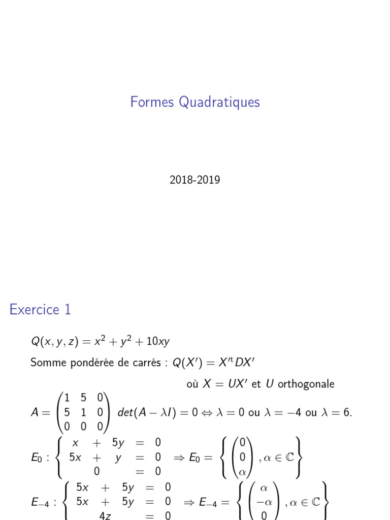 Exercices Résolus sur les Formes Quadratiques | PDF | Géométrie ...