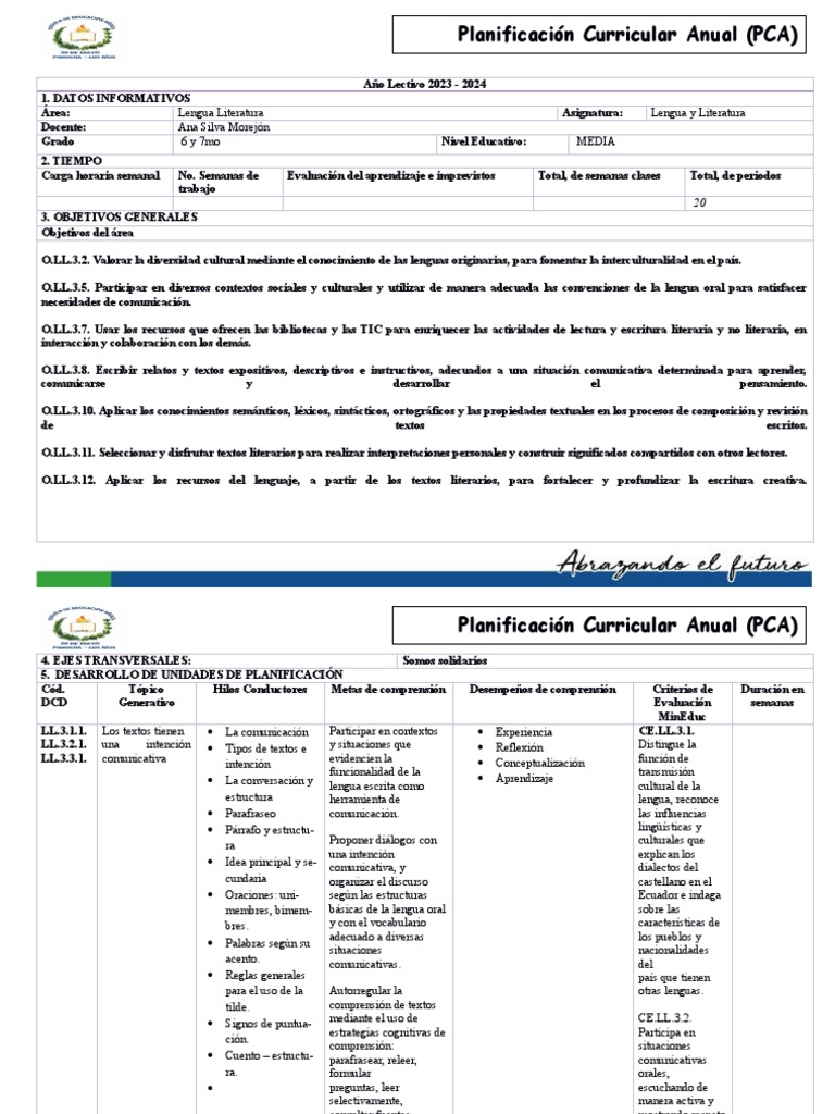 PCA Formato Ana Silva - Lenguaje | PDF | Aprendizaje | Comunicación