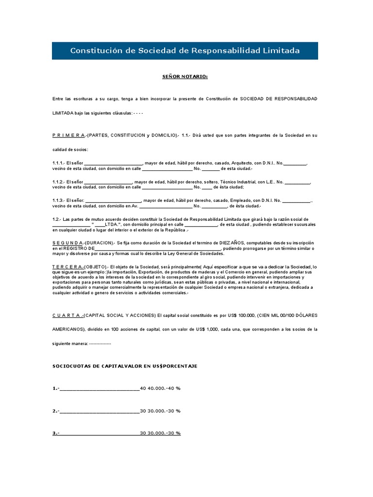 Constitución de Sociedad de Responsabilidad Limitada | Descargar gratis PDF | Bancos | Sociedad