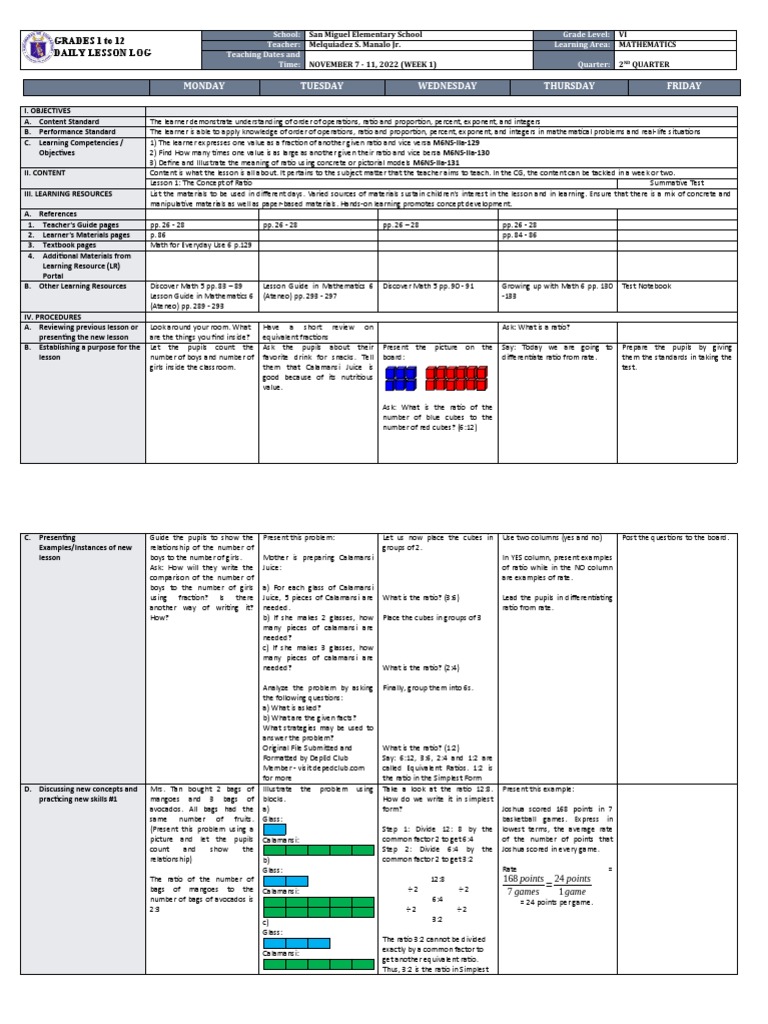DLL 2nd Quarter Week 1, Math 6 | PDF | Ratio | Mathematics