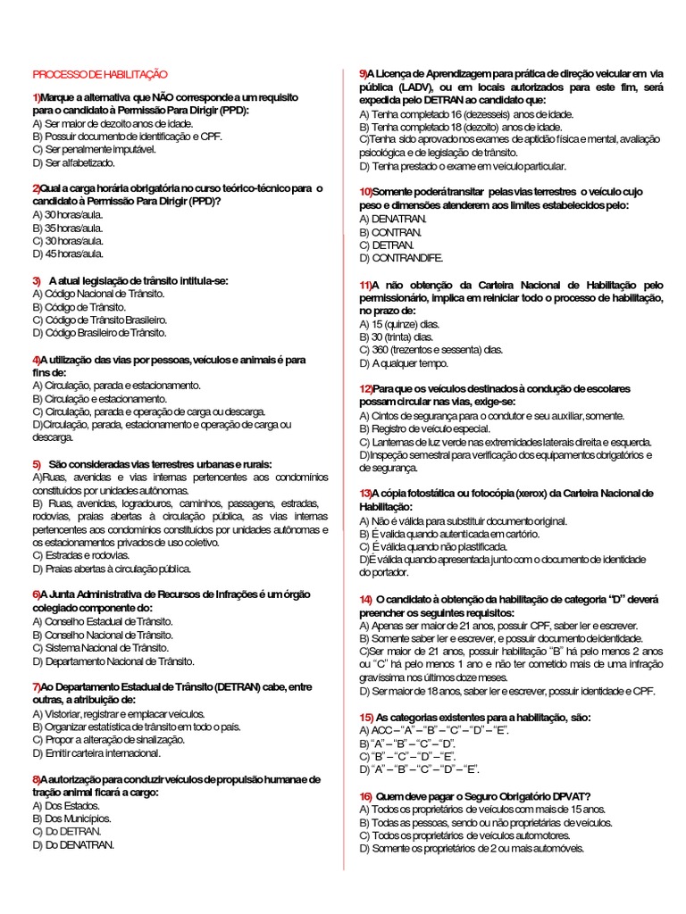 Prova CFC - Processo-De-Habilitacao | PDF | Carteira de Motorista | Dirigir