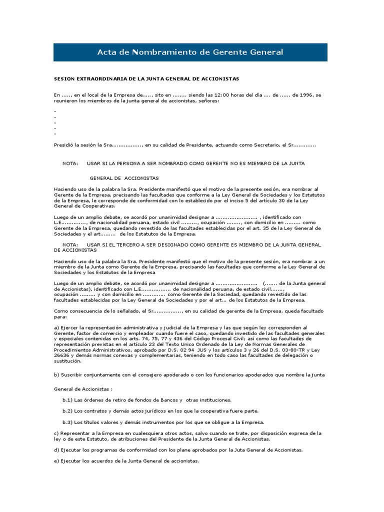Acta de Nombramiento de Gerente General | PDF | Cheque | Pagaré