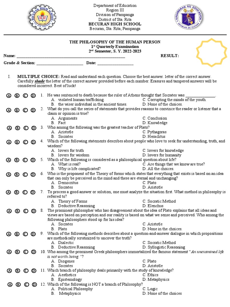 Philosophy Exam: 1st Quarter 2022-2023 | PDF | Reason | Plato