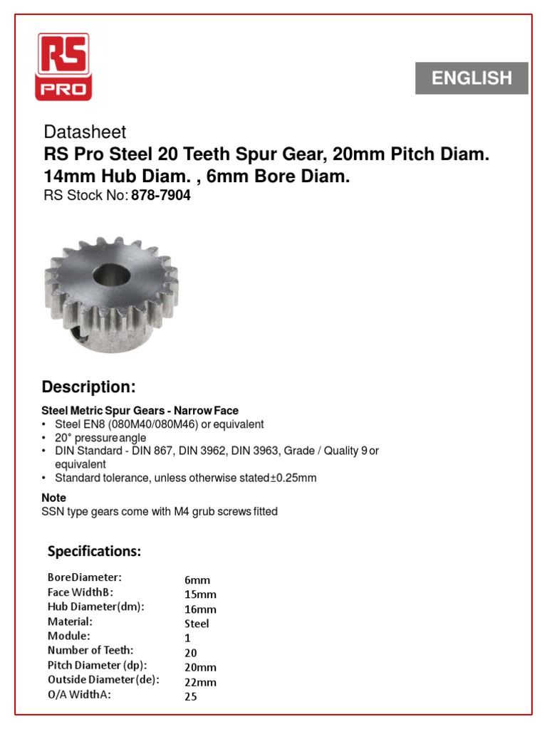 RS Pro Steel 20 Teeth Spur Gear, 20mm Pitch Diam. 14mm Hub Diam., 6mm ...