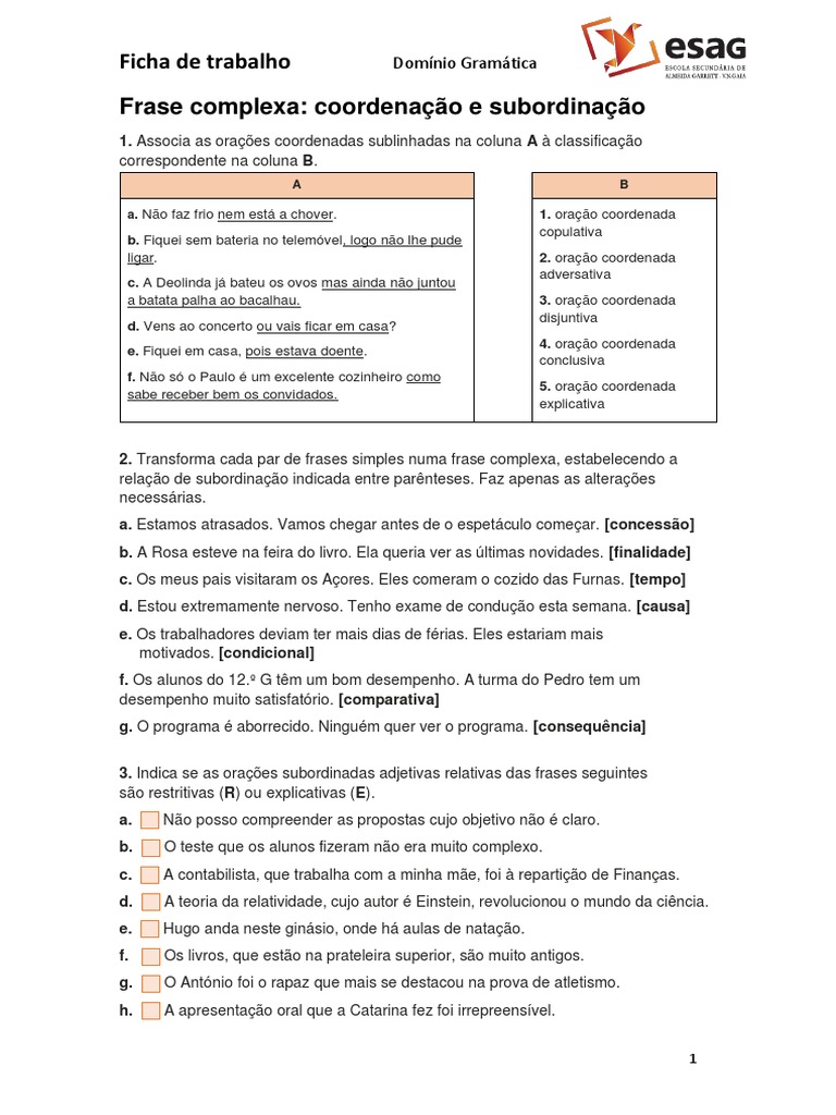 Ficha de Gramática - Frase Complexa - Coordenação e Subordinação | PDF ...