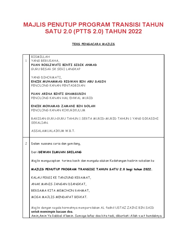 Majlis Penutup Program Transisi Tahun SATU 2.0 (PTTS 2.0) TAHUN 2022 | PDF | Ilmu Sosial ...