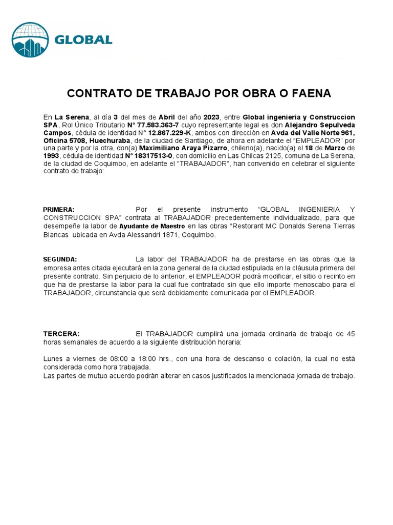 Contrato de Trabajo Por Obra O Faena: Primera: Ayudante de Maestro | PDF | Salario | Tiempo de ...