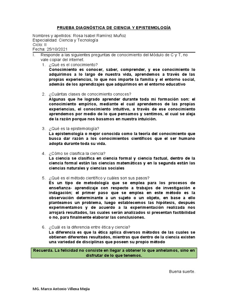 Prueba Diagnostica de Ciencia y Epistemología | PDF | Conocimiento ...