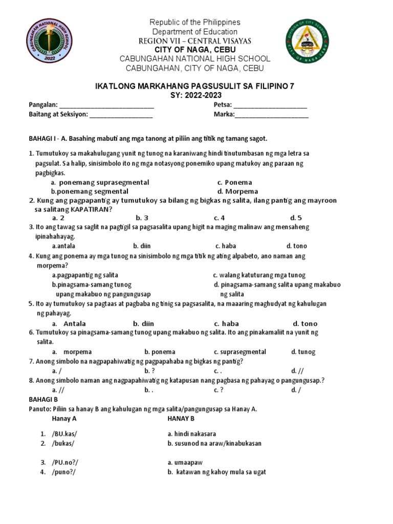 Ikatlong Markahang Pagsusulit Sa FILIPINO 7 | PDF