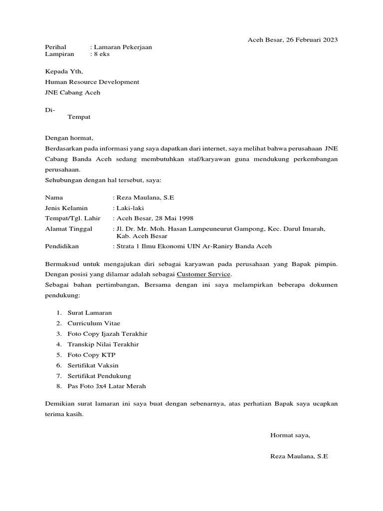 Surat Lamaran JNE | PDF