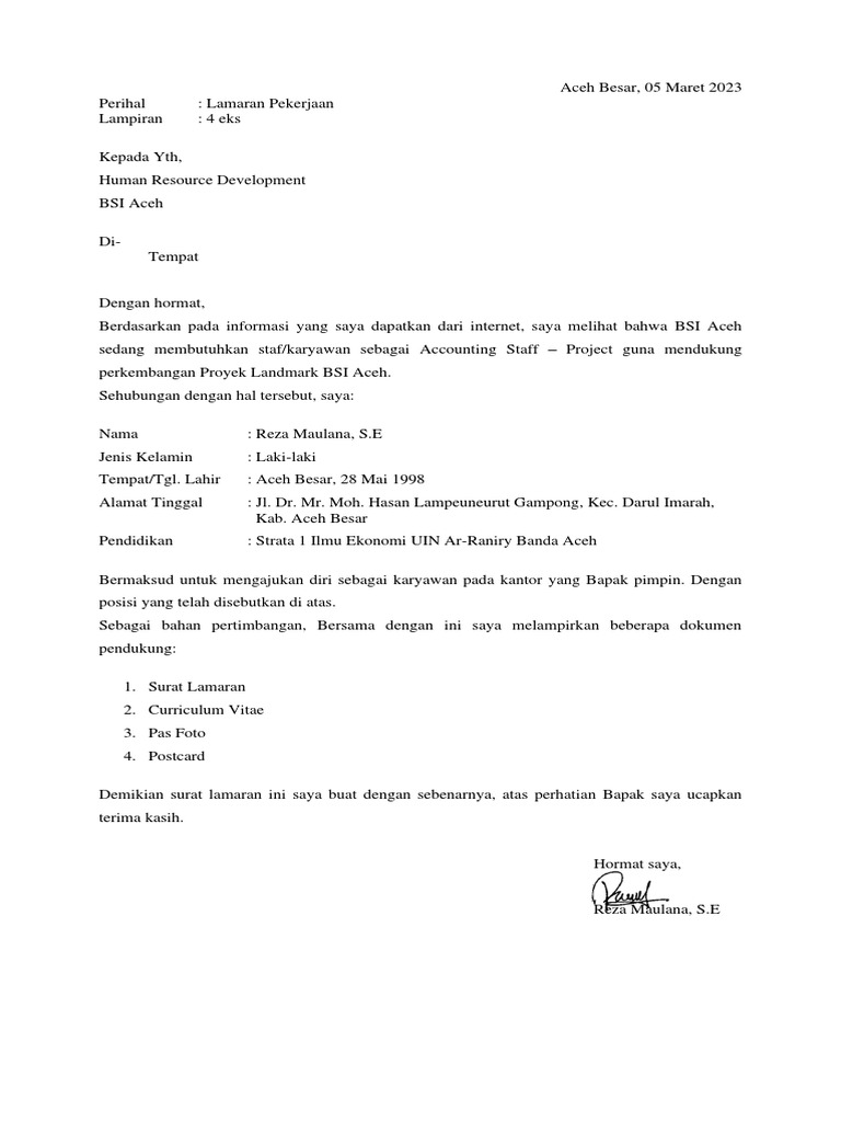 Surat Lamaran BSI | PDF | Karier & Perkembangan | Bisnis