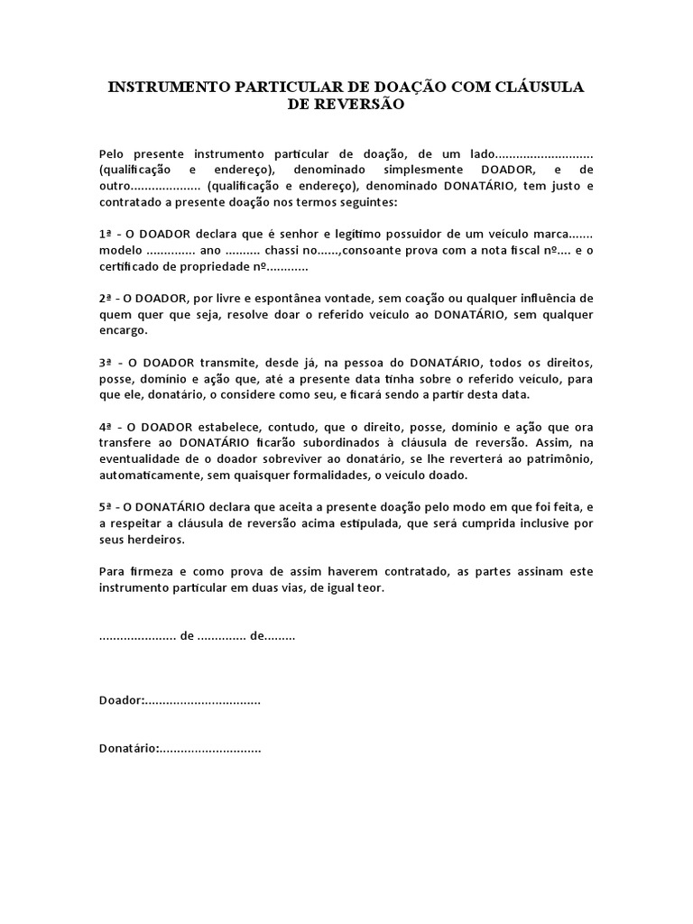 Instrumento Particular de Doação Com Cláusula de Reversão | PDF
