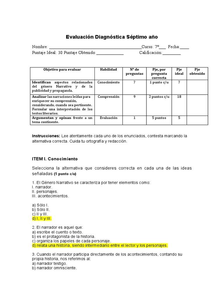 Prueba Diagnóstico Séptimo Básico | PDF