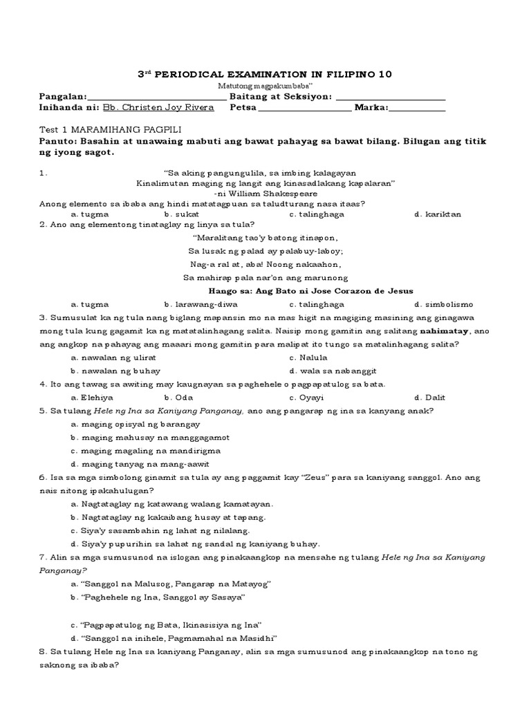Ikatlong Markahang Pagsusulit Sa FILIPINO 10 | PDF