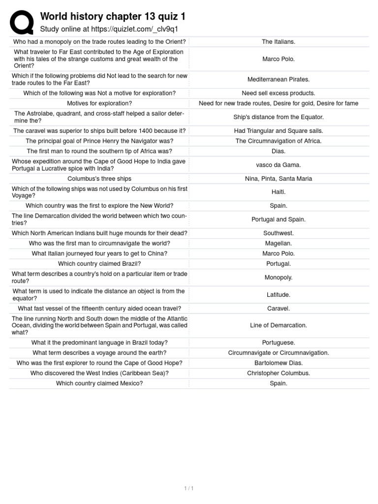 Chapter 13 Quiz: Age of Exploration | PDF | Exploration | Christopher ...