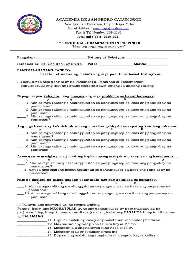 Unang Markahang Pagsusulit Sa Filipino 8 | PDF