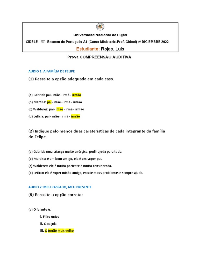 PROVA Compreensão Auditiva Português A1 (Ministério) CIDELE Dezembro ...