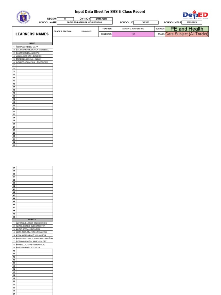 SHS E Class Record 2016 | PDF