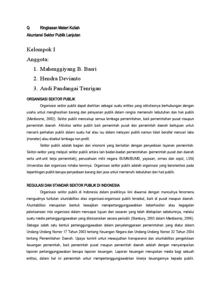 Tugas RMK 1 Kelompok 1 Akuntansi Sektor Publik Lanjutan | PDF