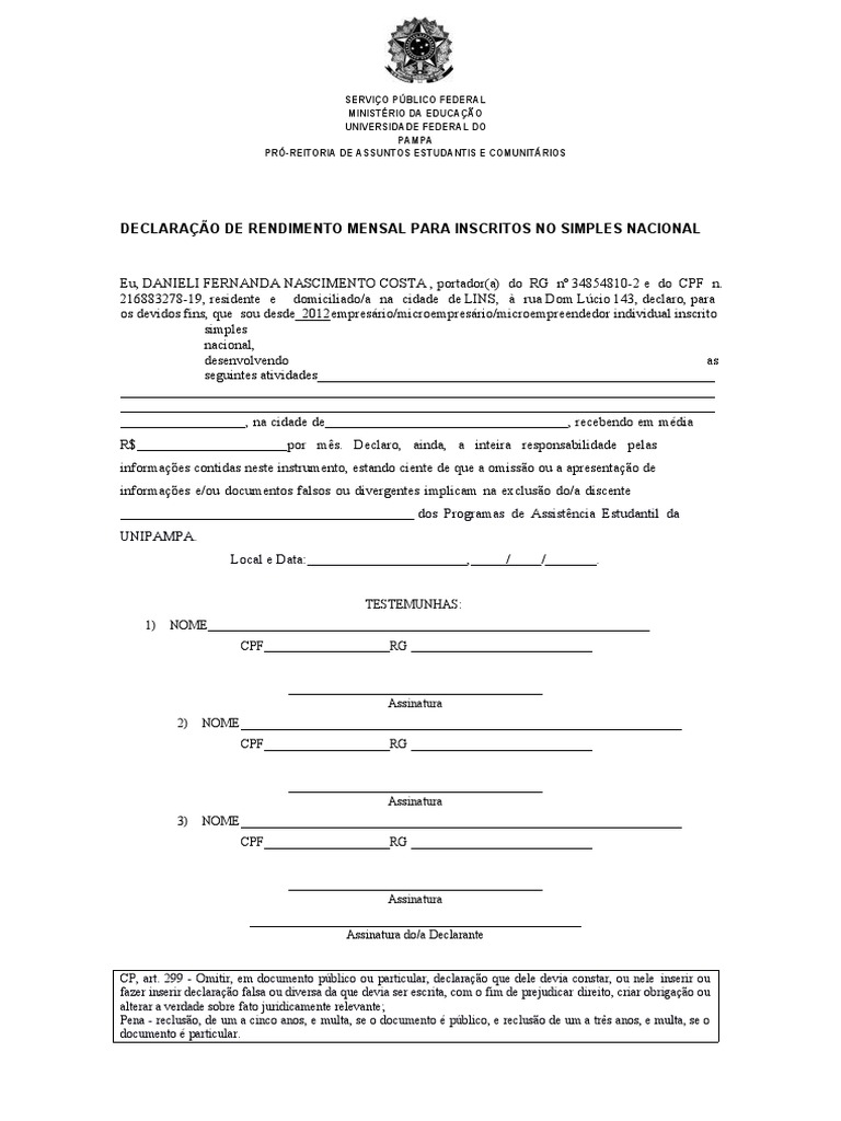 Modelo 21 Declaracao de Rendimento Mensal para Inscritos No Simples Nacional | PDF