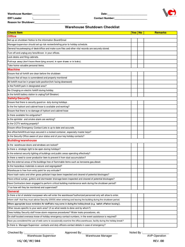 Warehouse Shutdown Safety Checklist | PDF | Warehouse | Safety