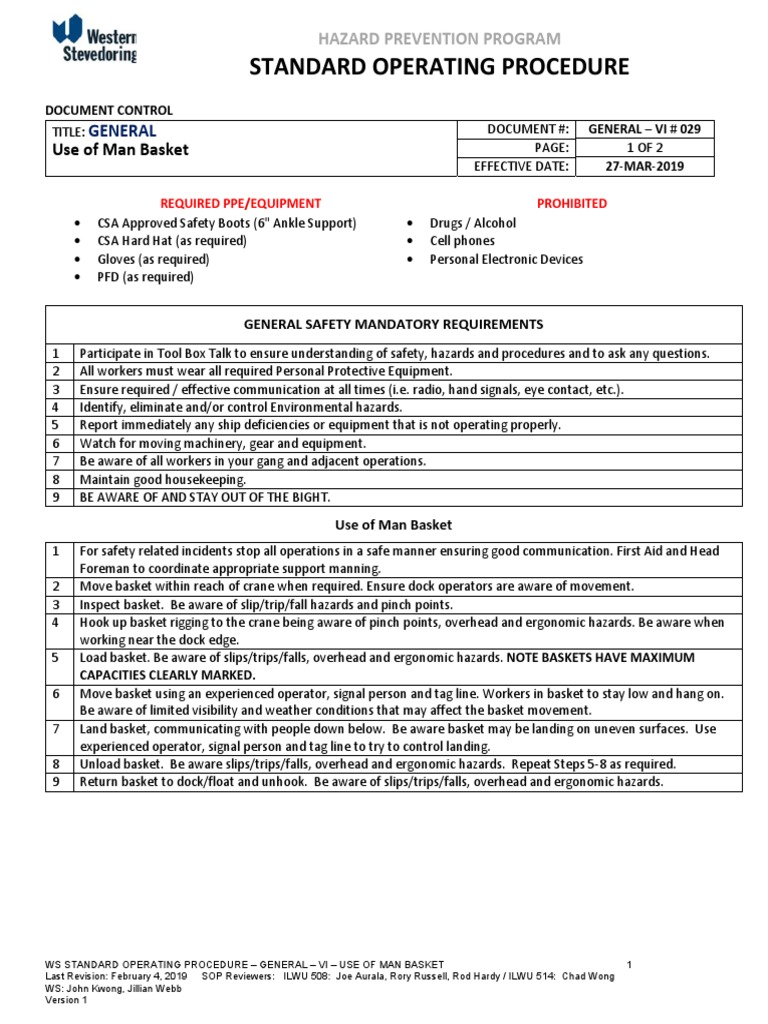 SOP 029 - GENERAL - VI - Use of Man Basket | PDF | Personal Protective ...