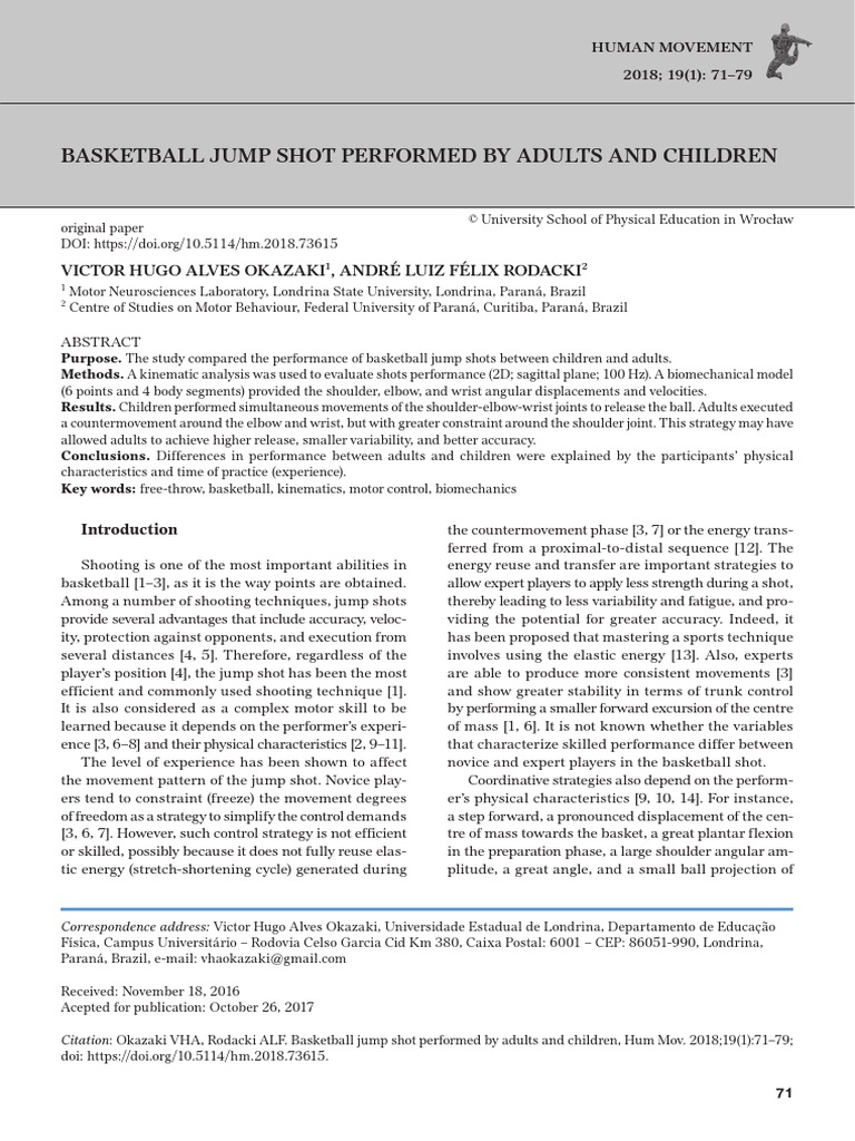 Basketball Jump Shot Performed by Adults & Children (Okazaki Rodacki 2018) | PDF | Anatomical ...
