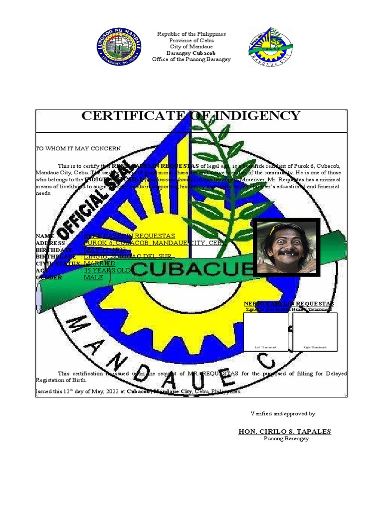 Sample of Certificate of Indigency | PDF