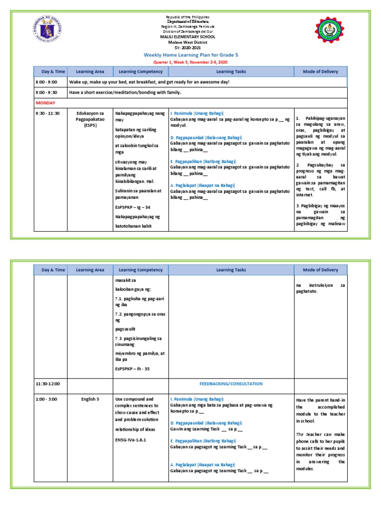 Weekly Home Learning Plan For Grade 5 Learning Area Learning