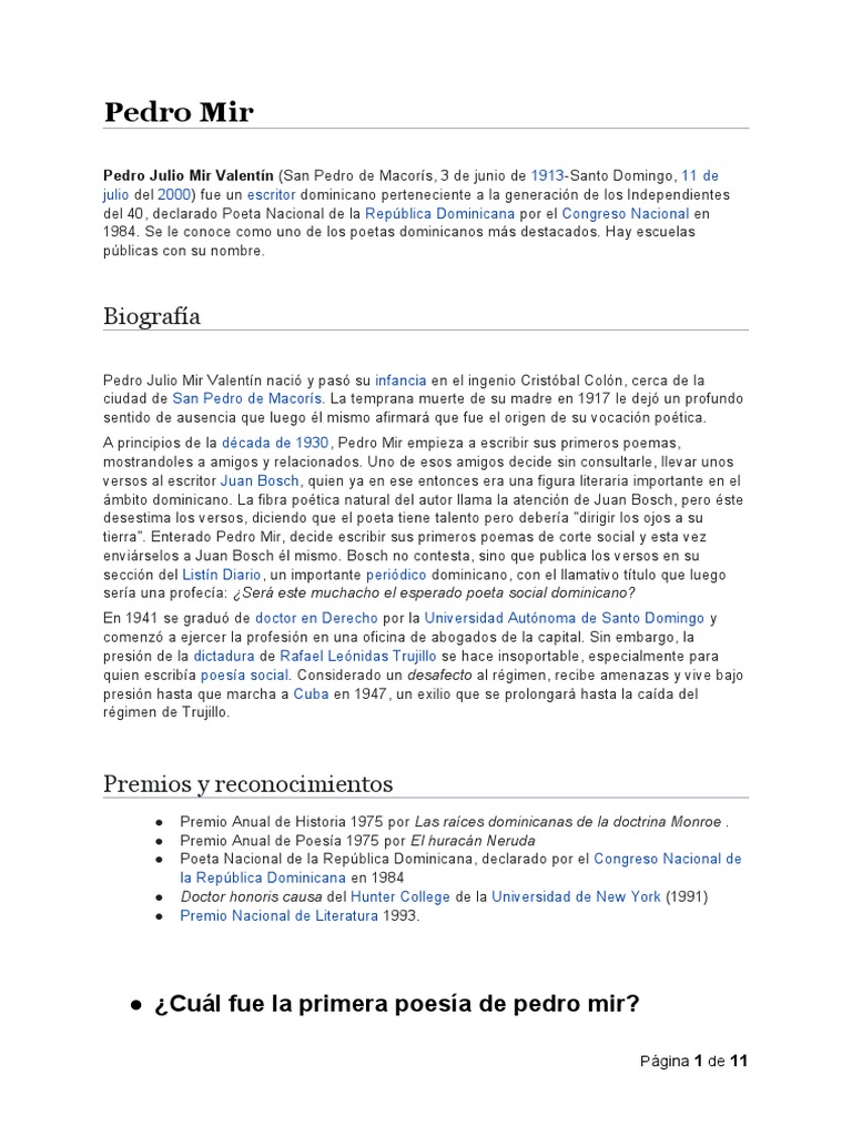 Pedro Mir: Poeta Nacional Dominicano | PDF