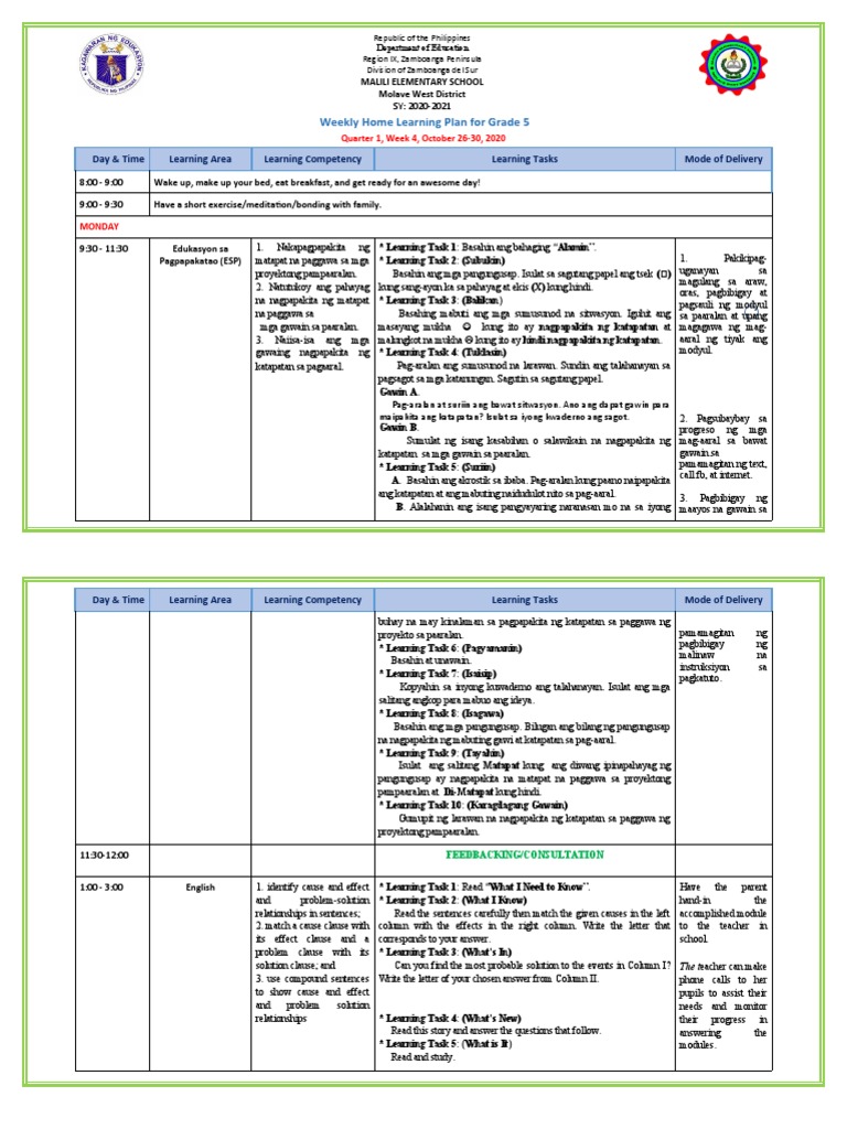 Weekly Home Learning Plan For Grade 5: Learning Area Learning ...