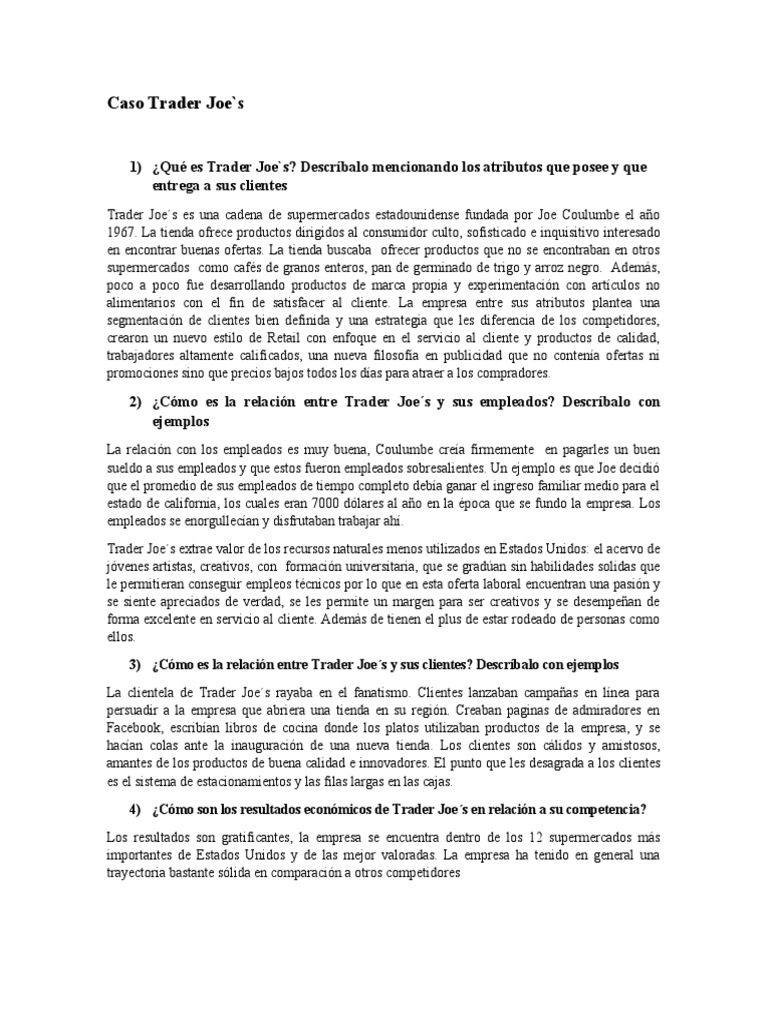 Caso Trader Joe's: 1) ¿Qué Es Trader Joe's? Descríbalo Mencionando Los Atributos Que Posee y Que ...