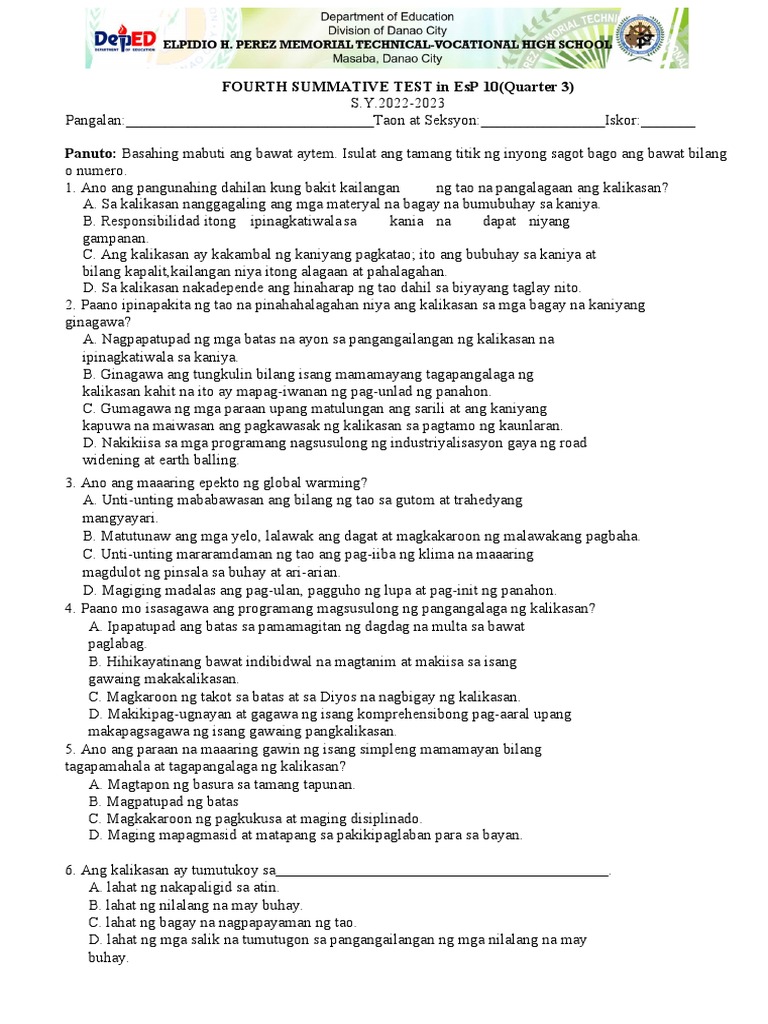 Q3 4th Summative EsP 10 | PDF