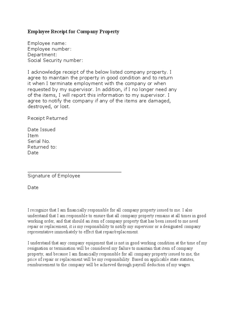 Employee Property Receipt Agreement | PDF | Career & Growth