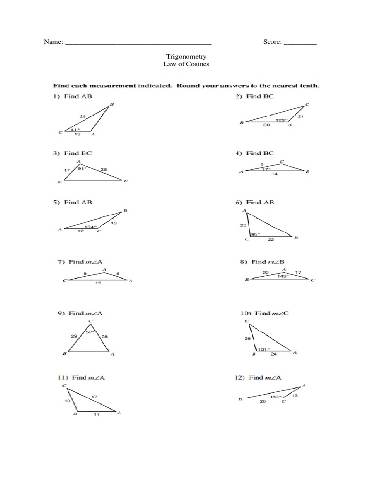 Law of Cosines Worksheet | PDF | Finance & Money Management | Teaching ...