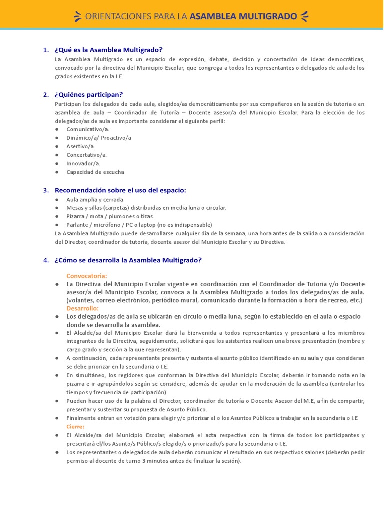 Orientaciones para Realizar Una Asamblea Multigrado | PDF | Salón de clases | Gobierno