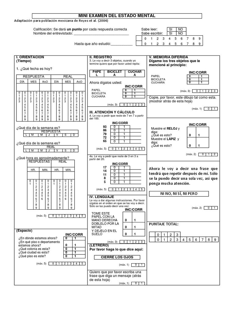 Test MMSE Mini Mental (Reyes Et Al. 2004) | PDF