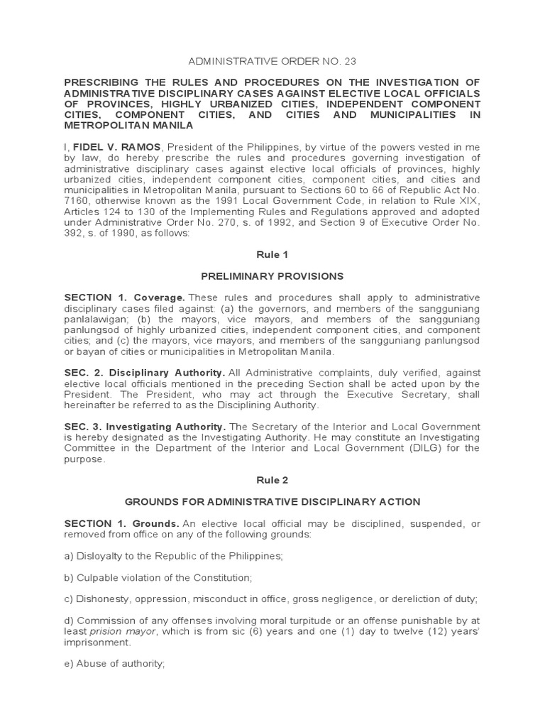 ADMINISTRATIVE ORDER NO 23, S. 1992 | PDF | President Of The ...
