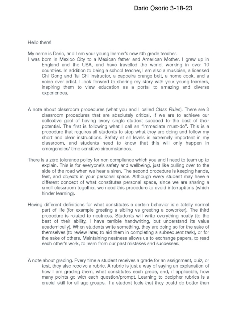 Parental Introduction Letter | PDF | Teachers | Classroom