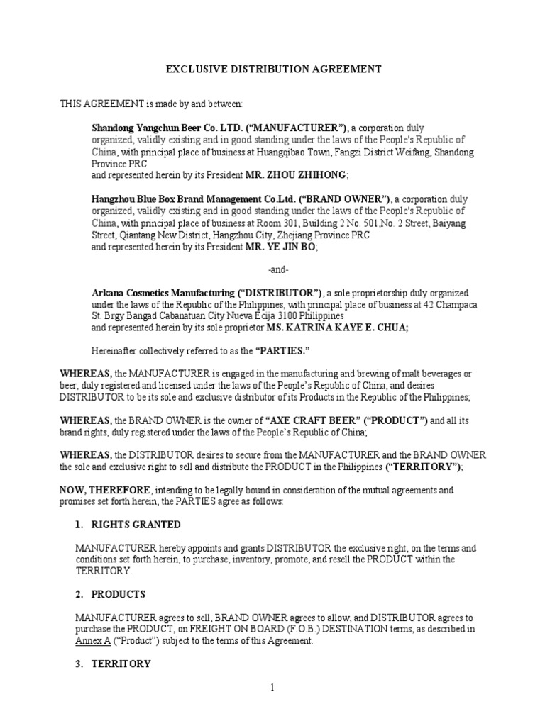 Exclusive Distribution Agreement for Arkana | PDF | Indemnity | Common Law