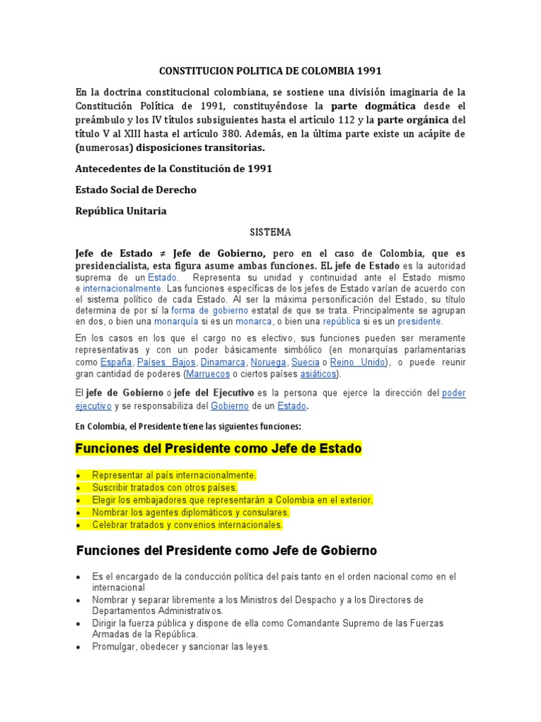 Constitucion Politica De Colombia 1991 Pdf Estado Política Colombia