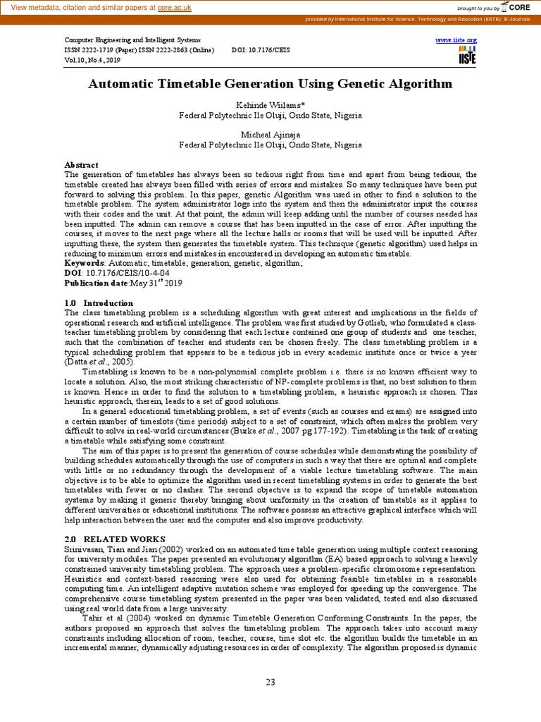 Automatic Timetable Generation Using Genetic Algorithm Pdf Genetic