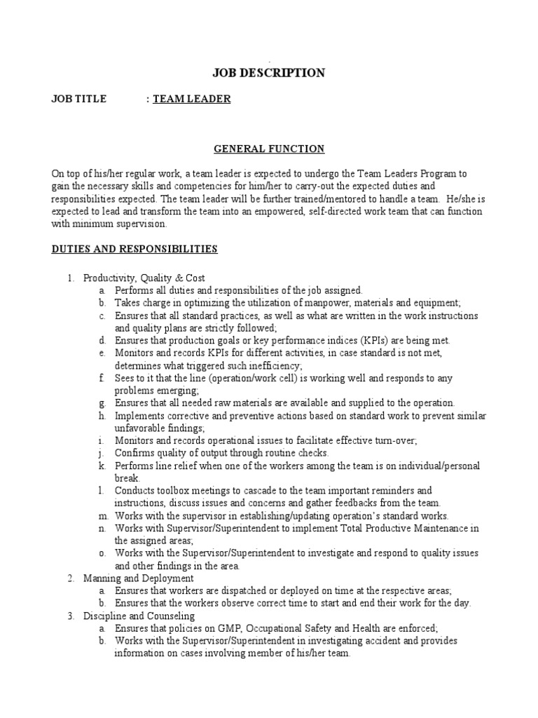 Team Leader Job Description | PDF | Performance Indicator | Business