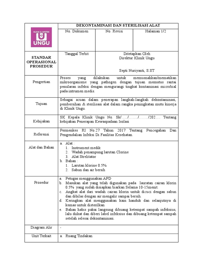 Sop Dekontaminasi, Pembersihan, Dan Sterilisasi Alat | PDF