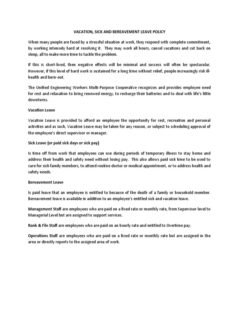 Vacation, Sick and Bereavement Leave | PDF | Sick Leave | Employment