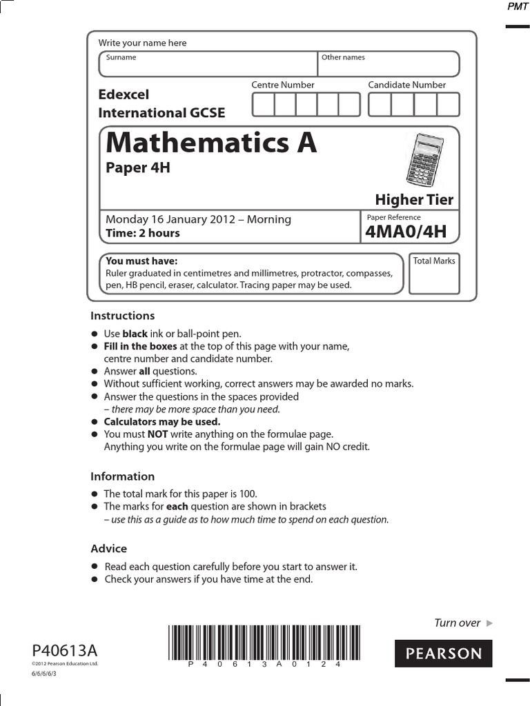 January 2012 QP - Paper 4H Edexcel Maths (A) IGCSE | PDF