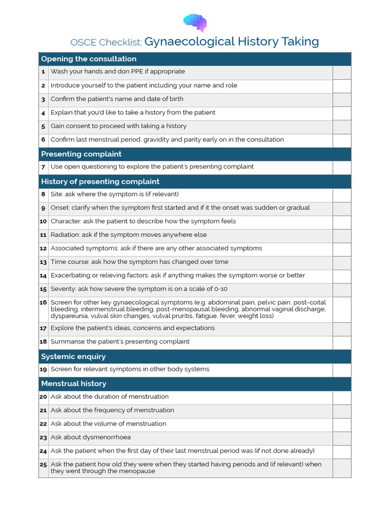 Gynaecological History Taking: OSCE Checklist | PDF | Menstruation ...